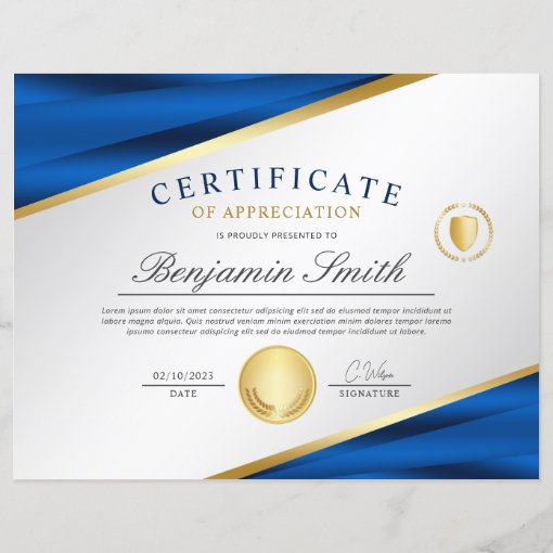 Blue & Gold Certificate of Appreciation Award | Zazzle
