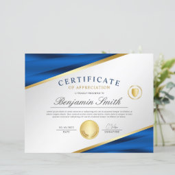 Blue & Gold Certificate of Appreciation Award | Zazzle