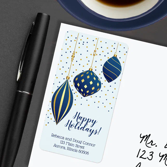 Blue Gold Christmas Ornaments and Dots Holiday Label | Zazzle