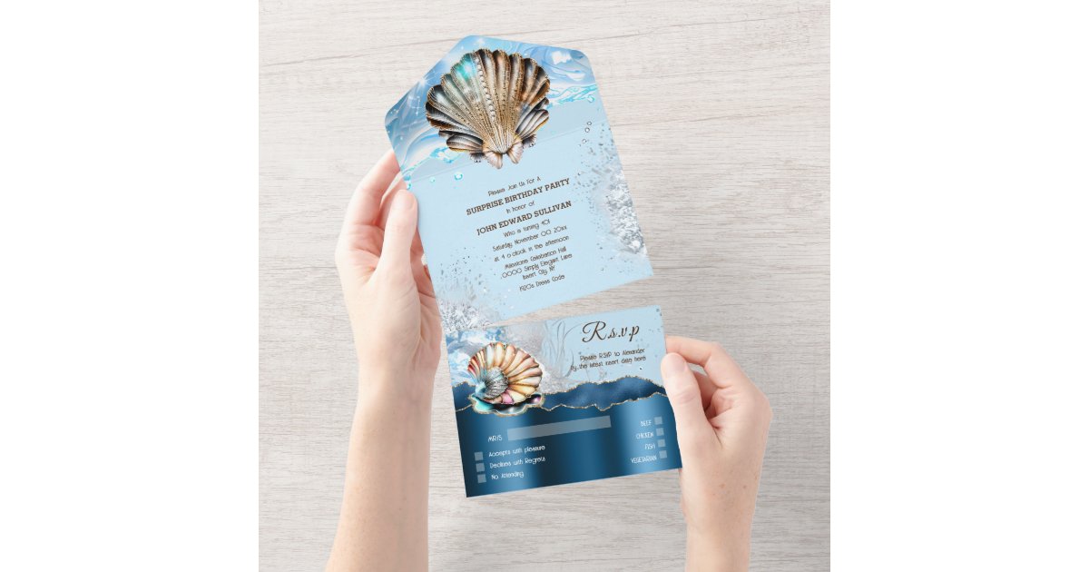 Blue gold clam shell ocean waves glitter glam all in one invitation ...
