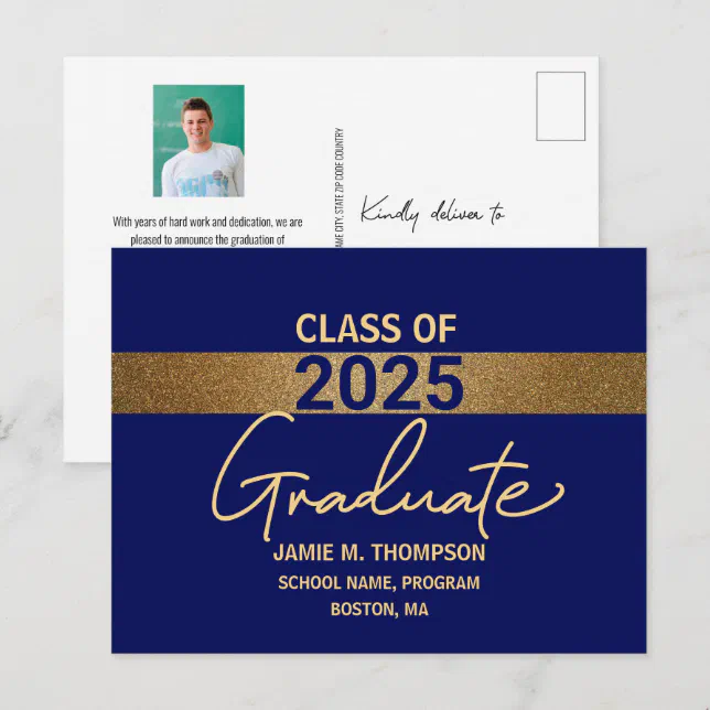Blue Gold Class of 2025 Graduation Photo Postcard | Zazzle