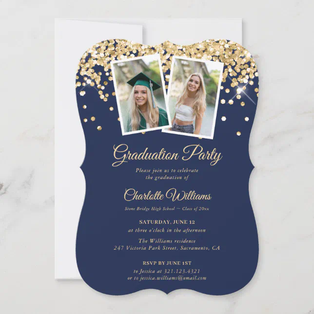 Blue Gold Confetti Photo Graduation Party Invitation | Zazzle