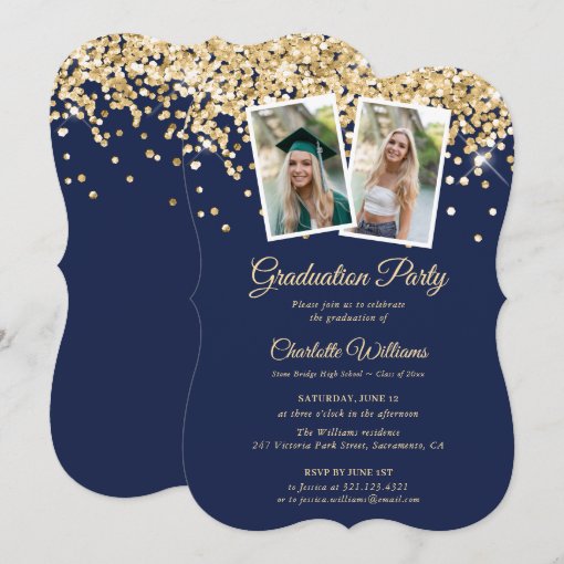 Blue Gold Confetti Photo Graduation Party Invitation | Zazzle