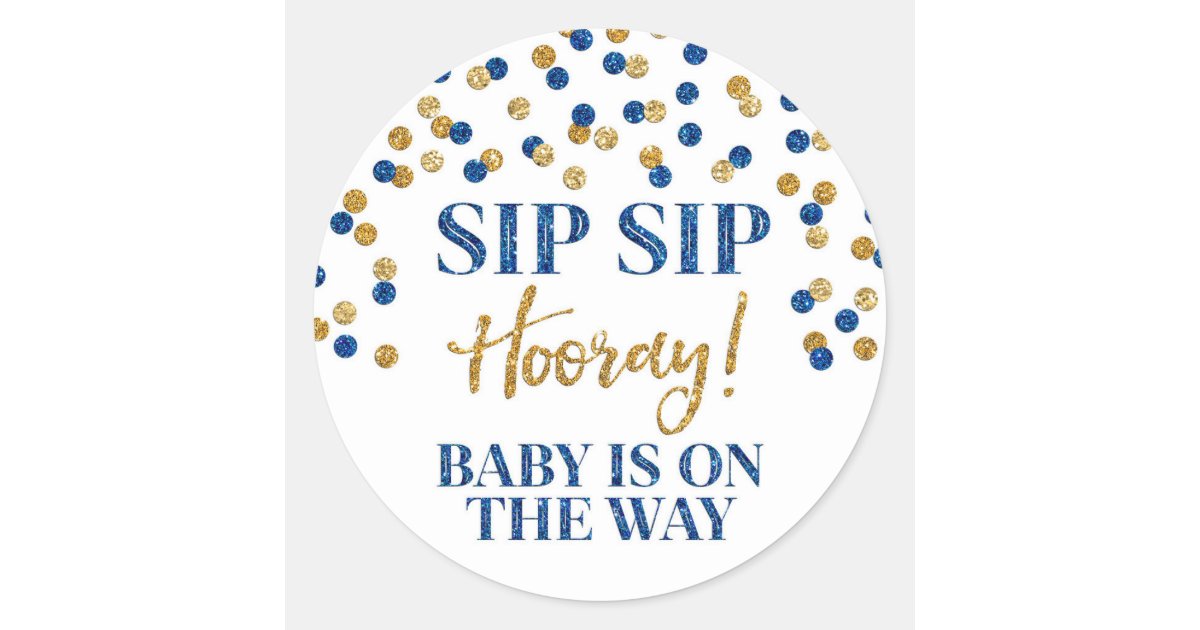 Blue Gold Confetti Sip Sip Hooray Classic Round Sticker | Zazzle