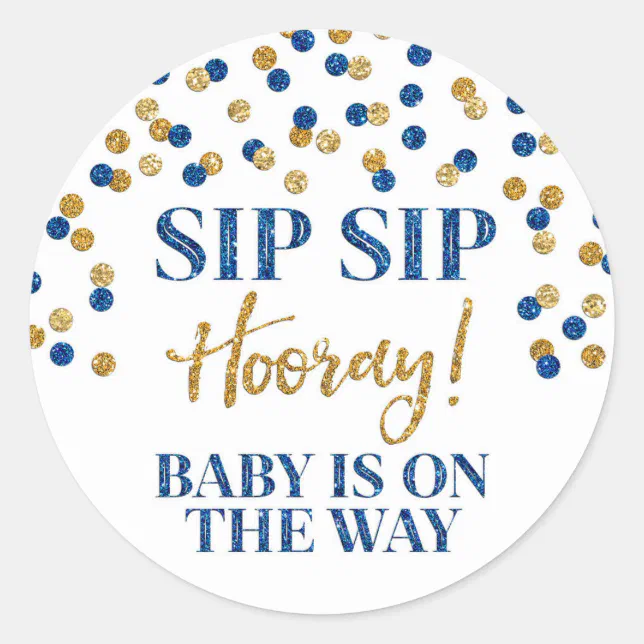 Blue Gold Confetti Sip Sip Hooray Classic Round Sticker | Zazzle