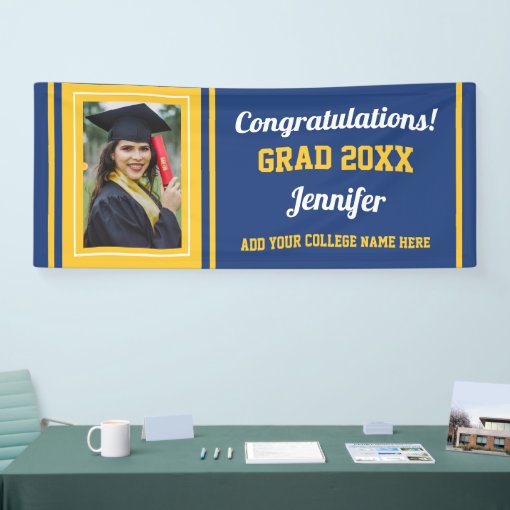 Blue Gold Congrats Grad Custom Photo Graduation Banner | Zazzle