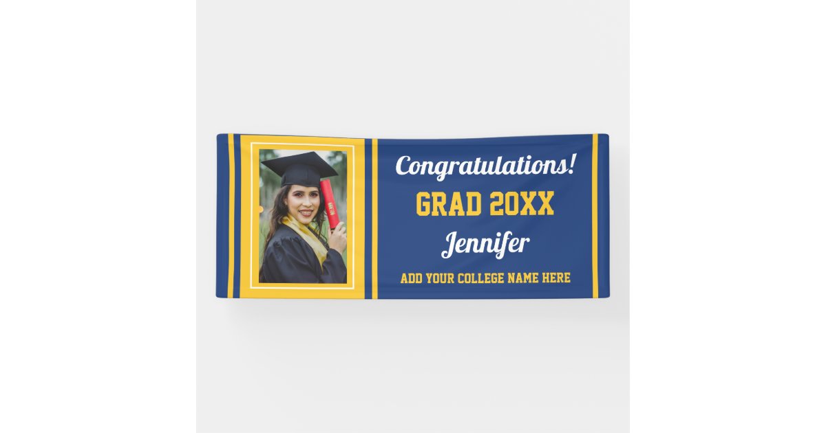 Blue Gold Congrats Grad Custom Photo Graduation Banner | Zazzle