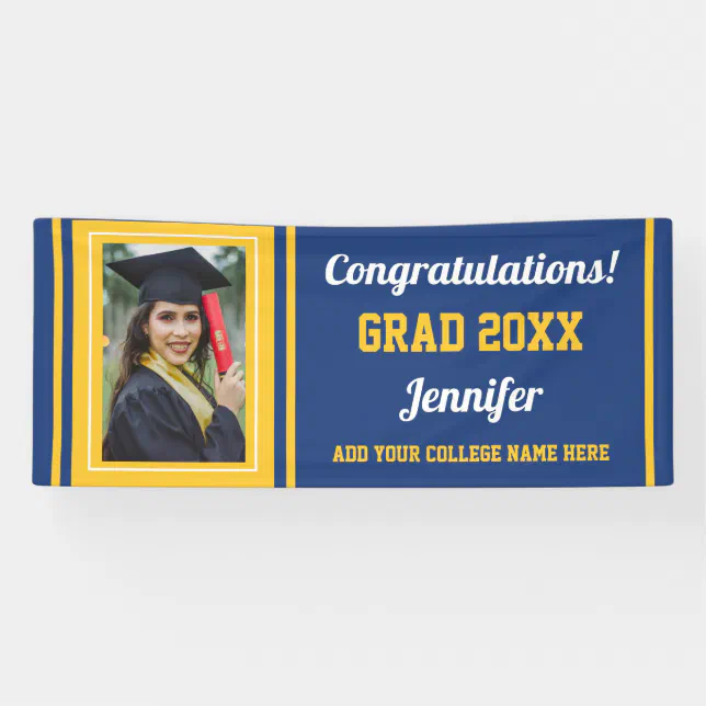 Blue Gold Congrats Grad Custom Photo Graduation Banner | Zazzle