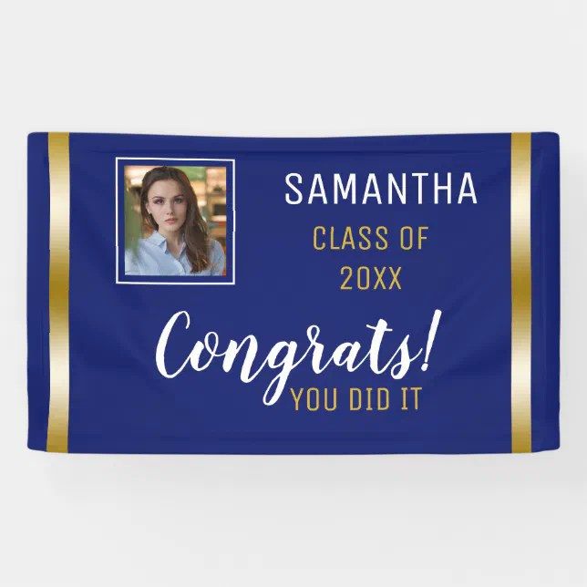 Blue Gold Congrats Graduate Photo Graduation Banner | Zazzle