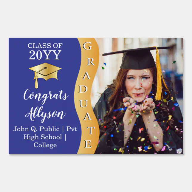 Blue | Gold Congrats Graduate Wave Photo Sign | Zazzle