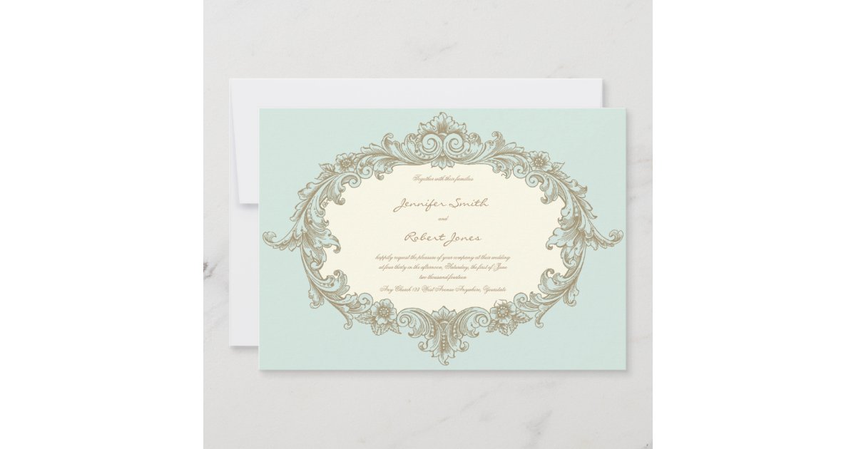 Blue Gold Cream Vintage Frame Wedding Invitation | Zazzle