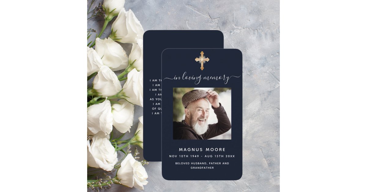 Blue gold cross photo funeral prayer card | Zazzle