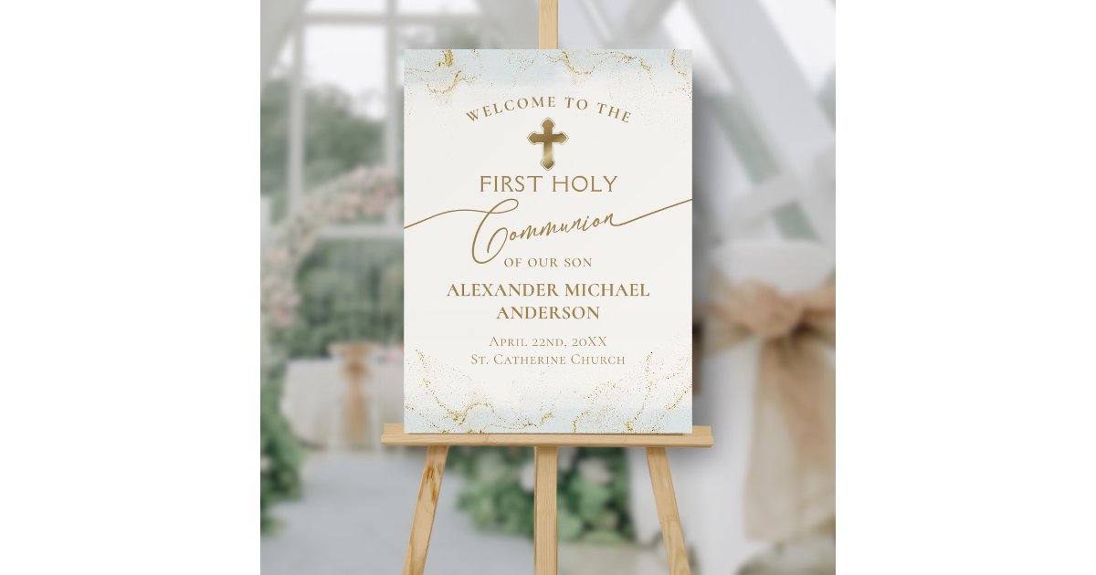 Blue Gold Cross Welcome Boy First Holy Communion Foam Board | Zazzle