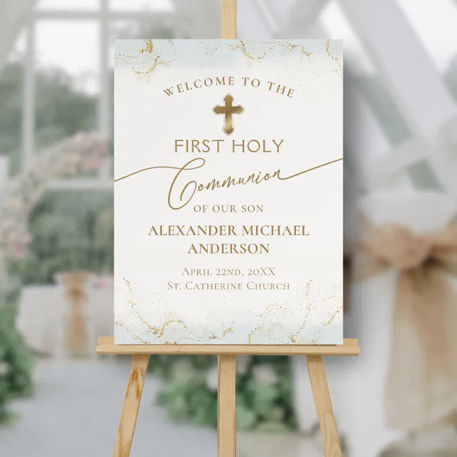 Blue Gold Cross Welcome Boy First Holy Communion Foam Board | Zazzle