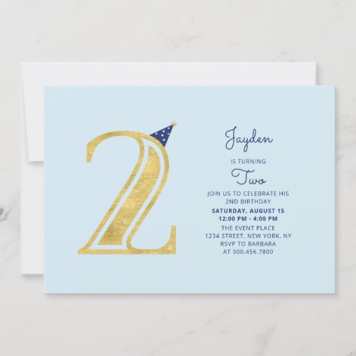 Blue & Gold | Cute Modern Boy 2nd Birthday Party Invitation | Zazzle