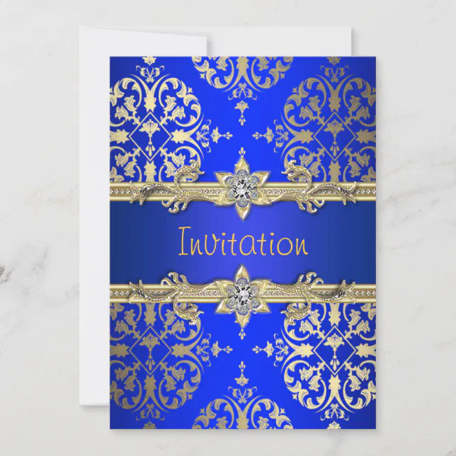 Blue Gold Damask Royal Blue Party Announcement | Zazzle