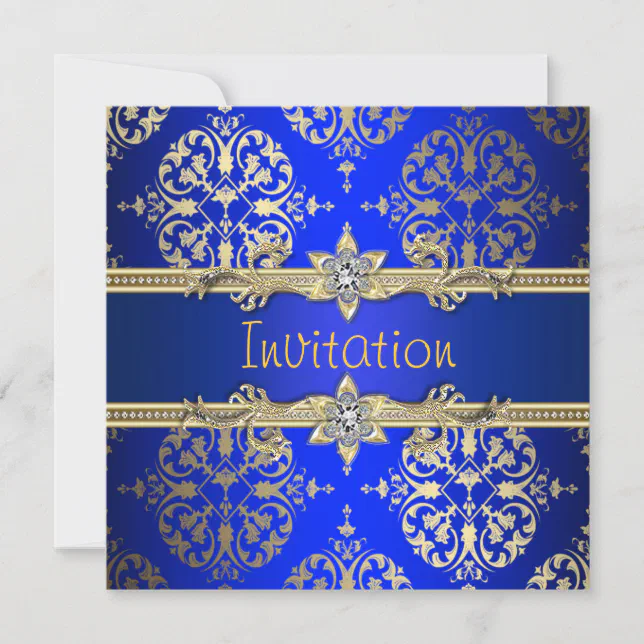 Blue Gold Damask Royal Blue Party Invitation | Zazzle
