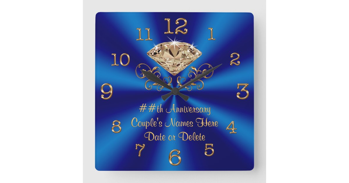 Blue Gold Diamond Personalized Anniversary Gifts Square Wall Clock | Zazzle