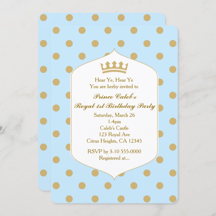 Blue & Gold Dots Royal Crown Prince Invitations | Zazzle