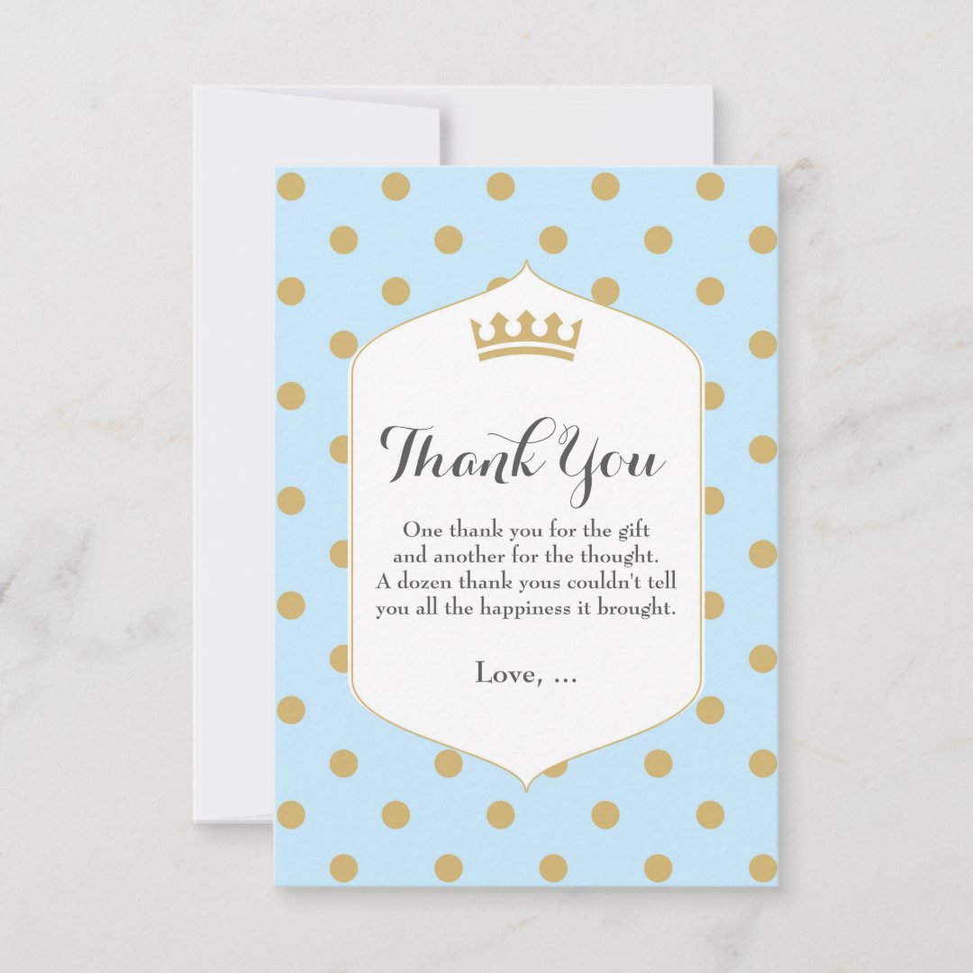 Blue & Gold Dots Royal Crown Prince Thank You Card | Zazzle