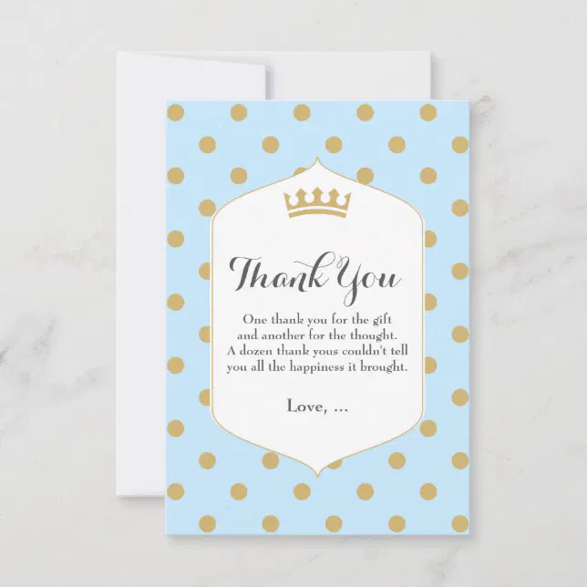 Blue & Gold Dots Royal Crown Prince Thank You Card | Zazzle