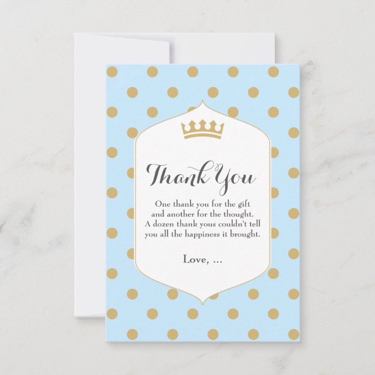 Blue & Gold Dots Royal Crown Prince Thank You Card | Zazzle