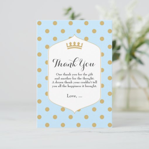 Blue & Gold Dots Royal Crown Prince Thank You Card | Zazzle