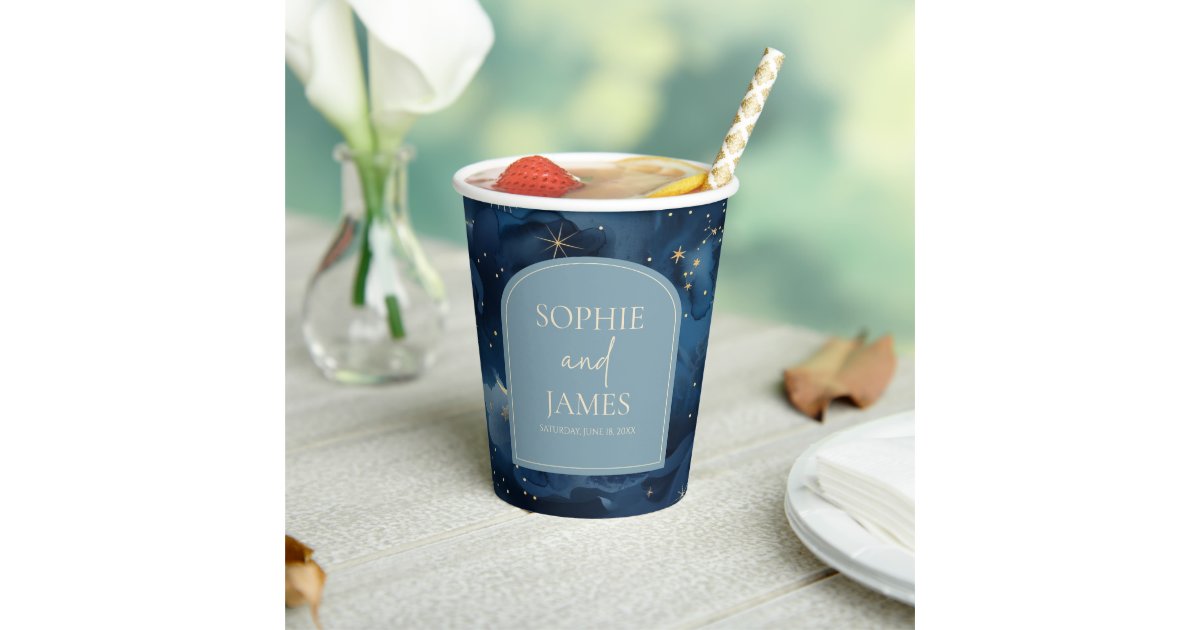 Blue Gold Elegant Celestial Starry Sky Wedding Paper Cups | Zazzle