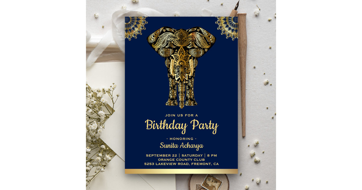Blue Gold Elephant Indian Birthday Party Invitation | Zazzle