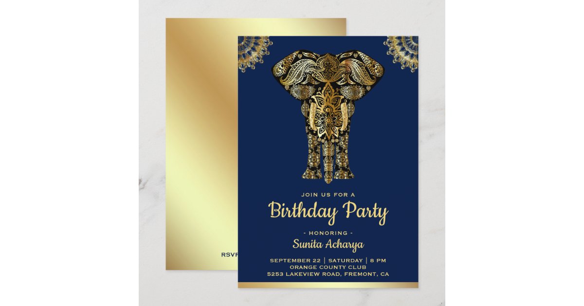 Blue Gold Elephant Indian Birthday Party Invitation | Zazzle