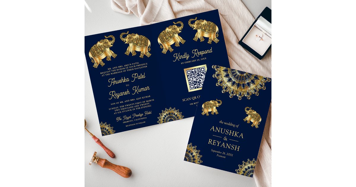 Blue Gold Ethnic Elephants Indian QR Code Wedding Invitation | Zazzle