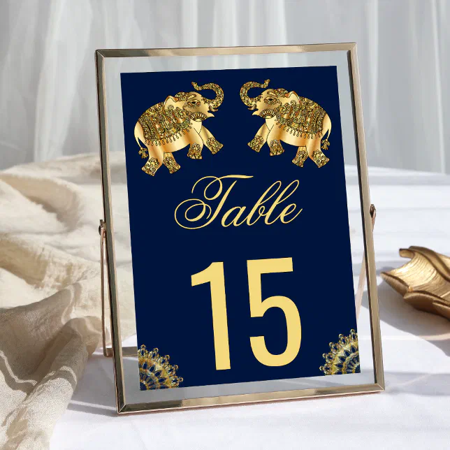 Blue Gold Ethnic Elephants Indian Wedding Table Number | Zazzle