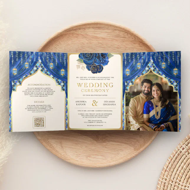 Blue Gold Floral Curtain Indian Hindu Wedding Tri-Fold Invitation | Zazzle