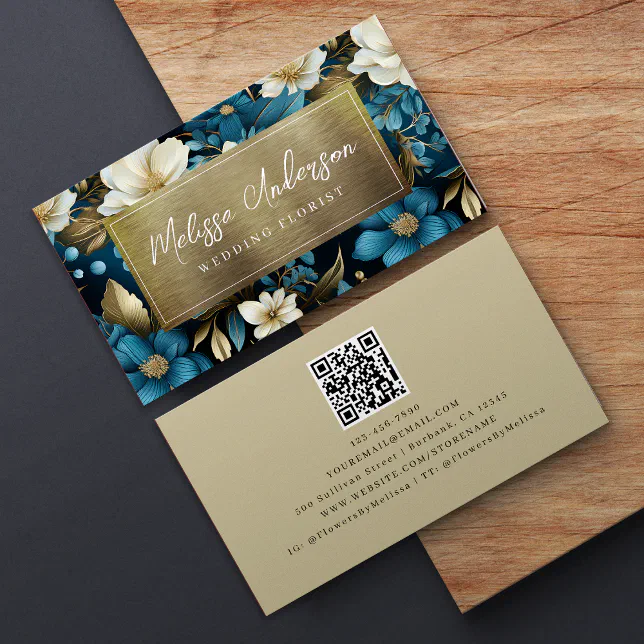 Blue Gold Floral Foil QR Code Luxe Business Card | Zazzle