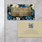 Blue Gold Floral Foil QR Code Luxe Business Card | Zazzle