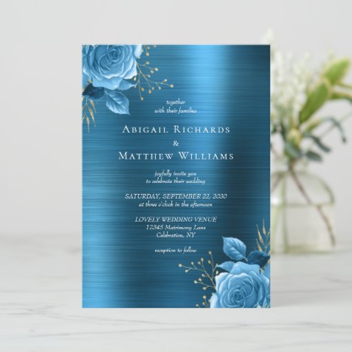 Blue Gold Floral Teal Brushed Metal Wedding Invitation | Zazzle