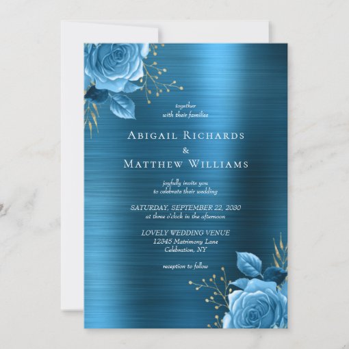 Blue Gold Floral Teal Brushed Metal Wedding Invitation | Zazzle