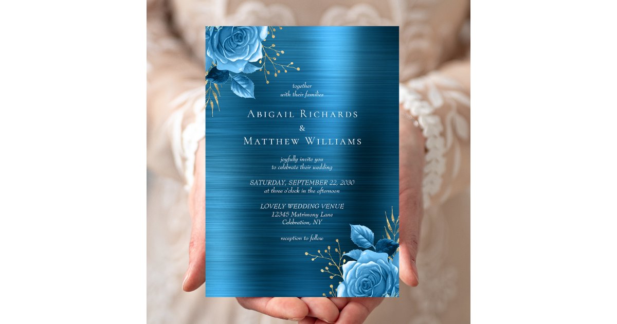 Blue Gold Floral Teal Brushed Metal Wedding Invitation | Zazzle