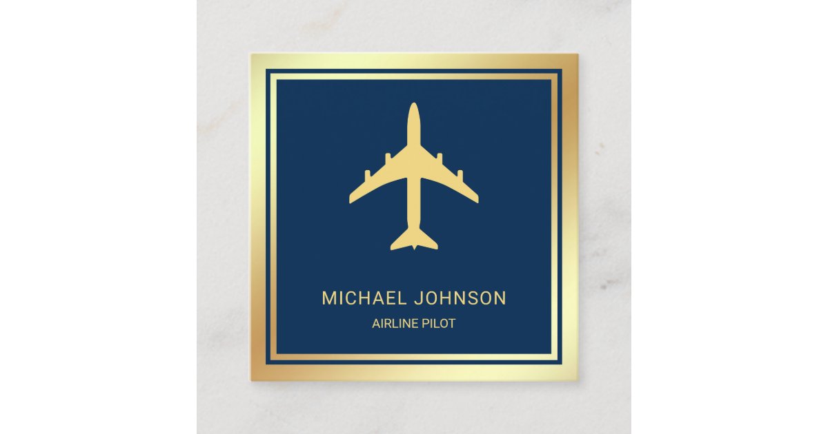 Blue Gold Foil Aircraft Airplane Airline Pilot Square Business Card ...