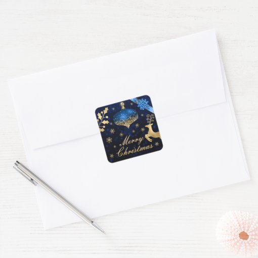 Blue & Gold Foil Christmas bauble and Ribbon Square Sticker | Zazzle