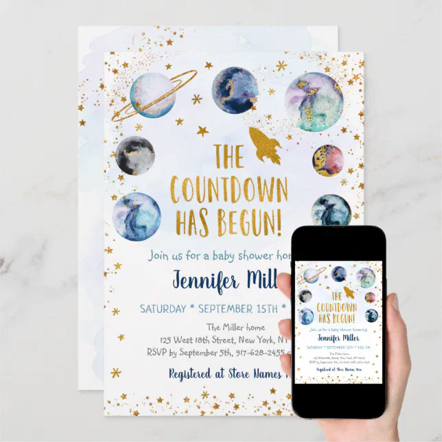 Blue Gold Galaxy Countdown Has Begun Baby Shower Invitation | Zazzle