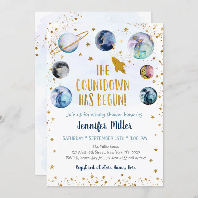Blue Gold Galaxy Countdown Has Begun Baby Shower Invitation | Zazzle