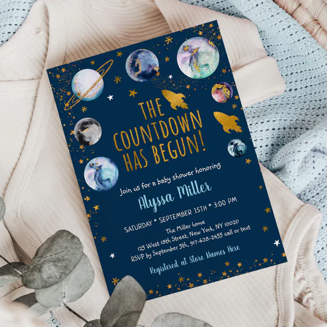 Blue Gold Galaxy Space Countdown Baby Shower Invitation | Zazzle