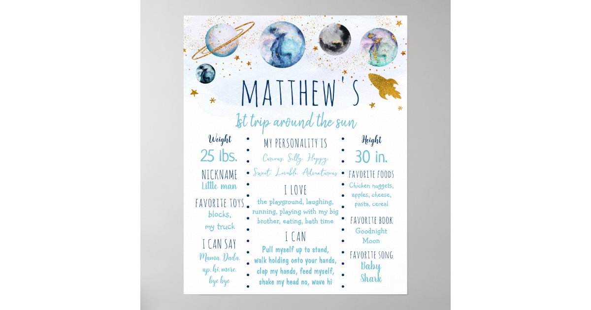 Blue Gold Galaxy Space First Birthday Milestone Poster | Zazzle