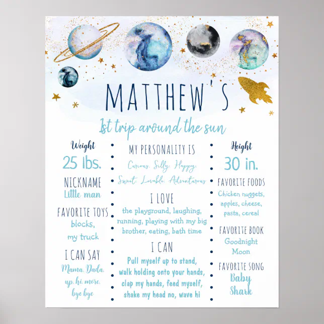 Blue Gold Galaxy Space First Birthday Milestone Poster | Zazzle