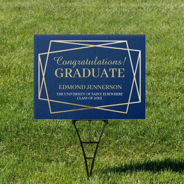 Blue Gold Geometric Congrats! Class Graduation Sign | Zazzle