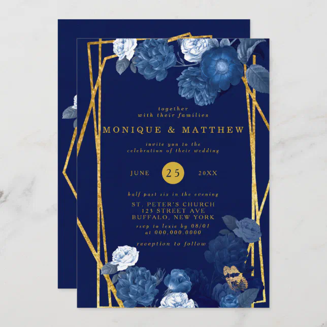 Blue & Gold Geometric Floral Wedding Invitation | Zazzle