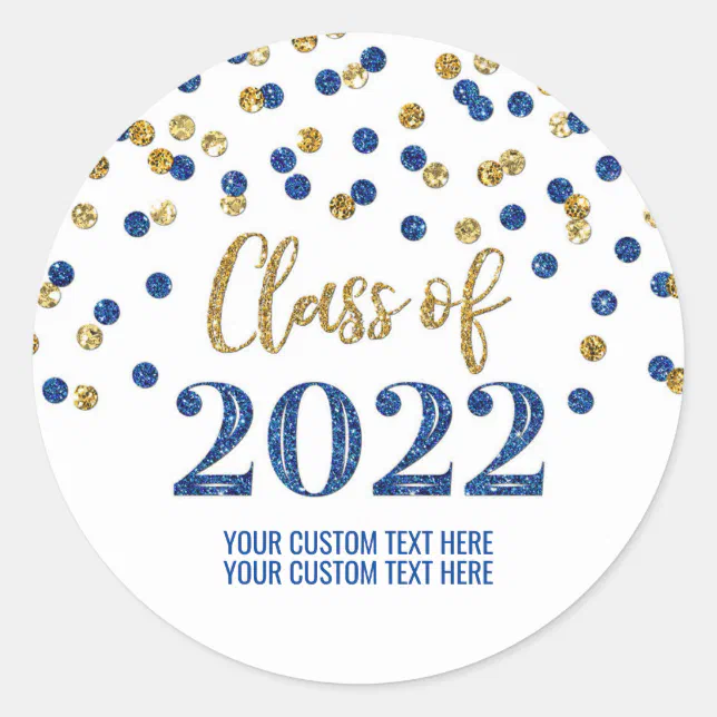 Blue Gold Glitter Confetti Graduation 2022 Classic Round Sticker | Zazzle