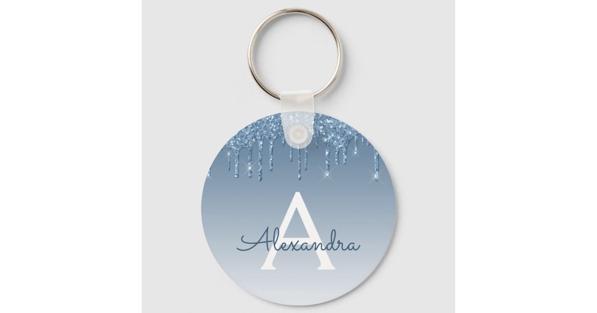 Blue Gold Glitter Drips Sparkle Monogram Keychain | Zazzle