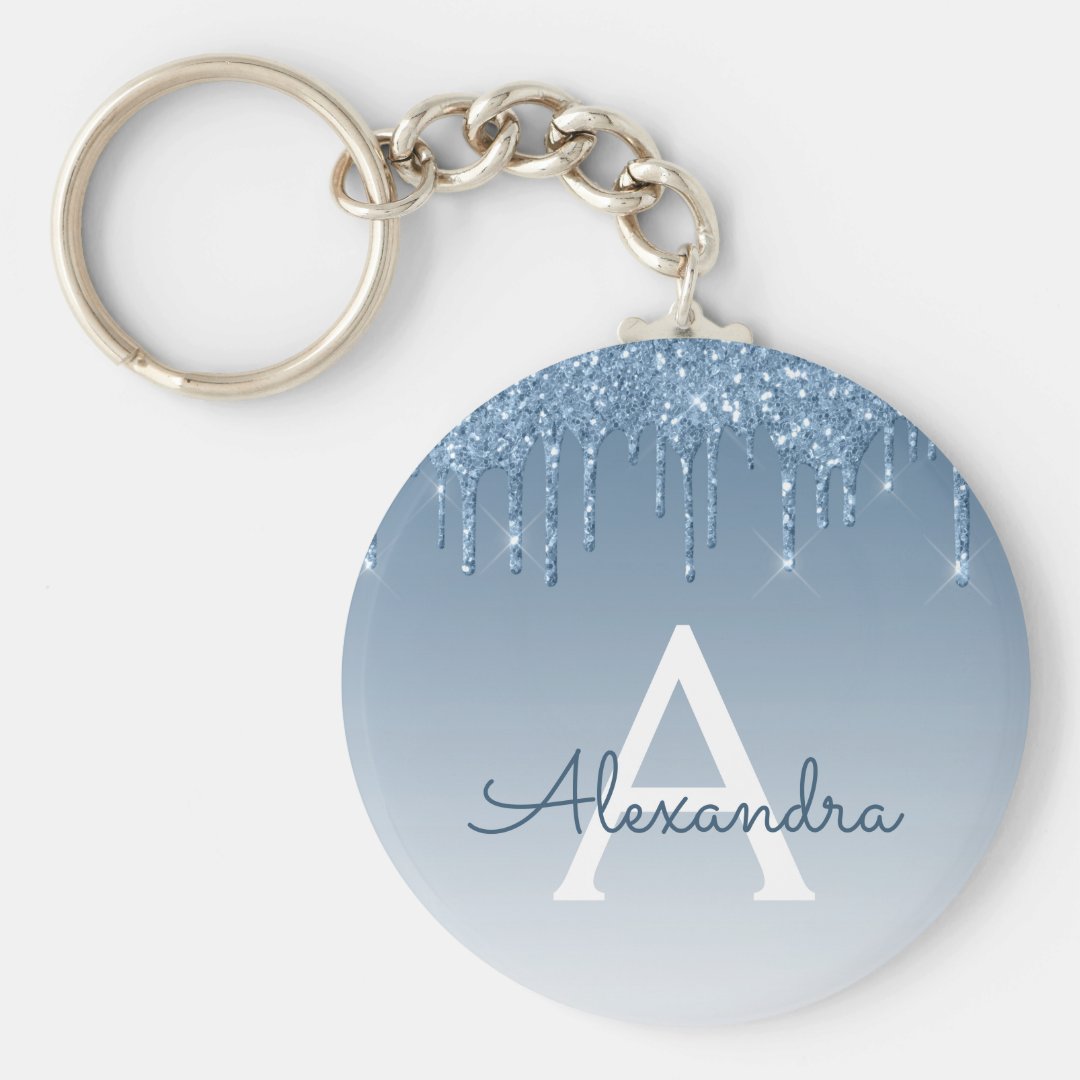 Blue Gold Glitter Drips Sparkle Monogram Keychain | Zazzle